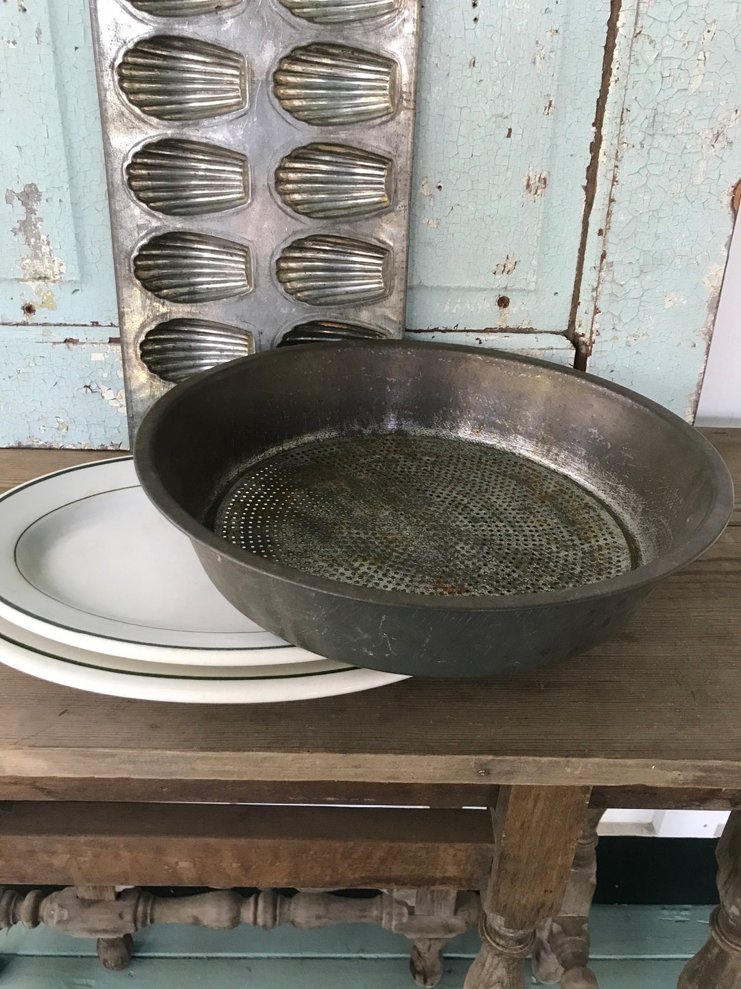 Vintage Tin Sieve * Shallow Round Metal Sifter * Rustic Style Kitchen ...