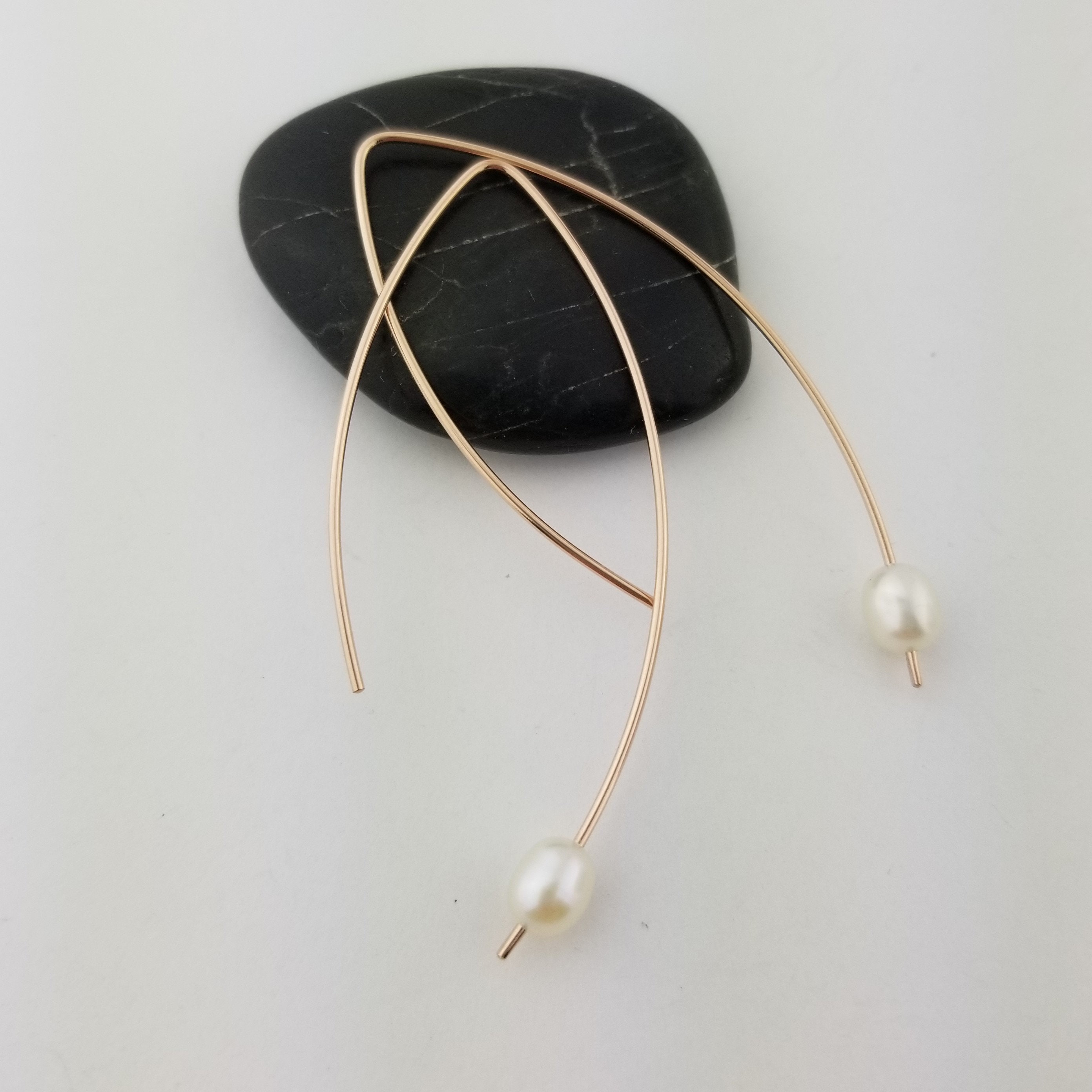 Thin 14k Solid Rose Gold Open Hoop Threader Freshwater Pearl - Etsy