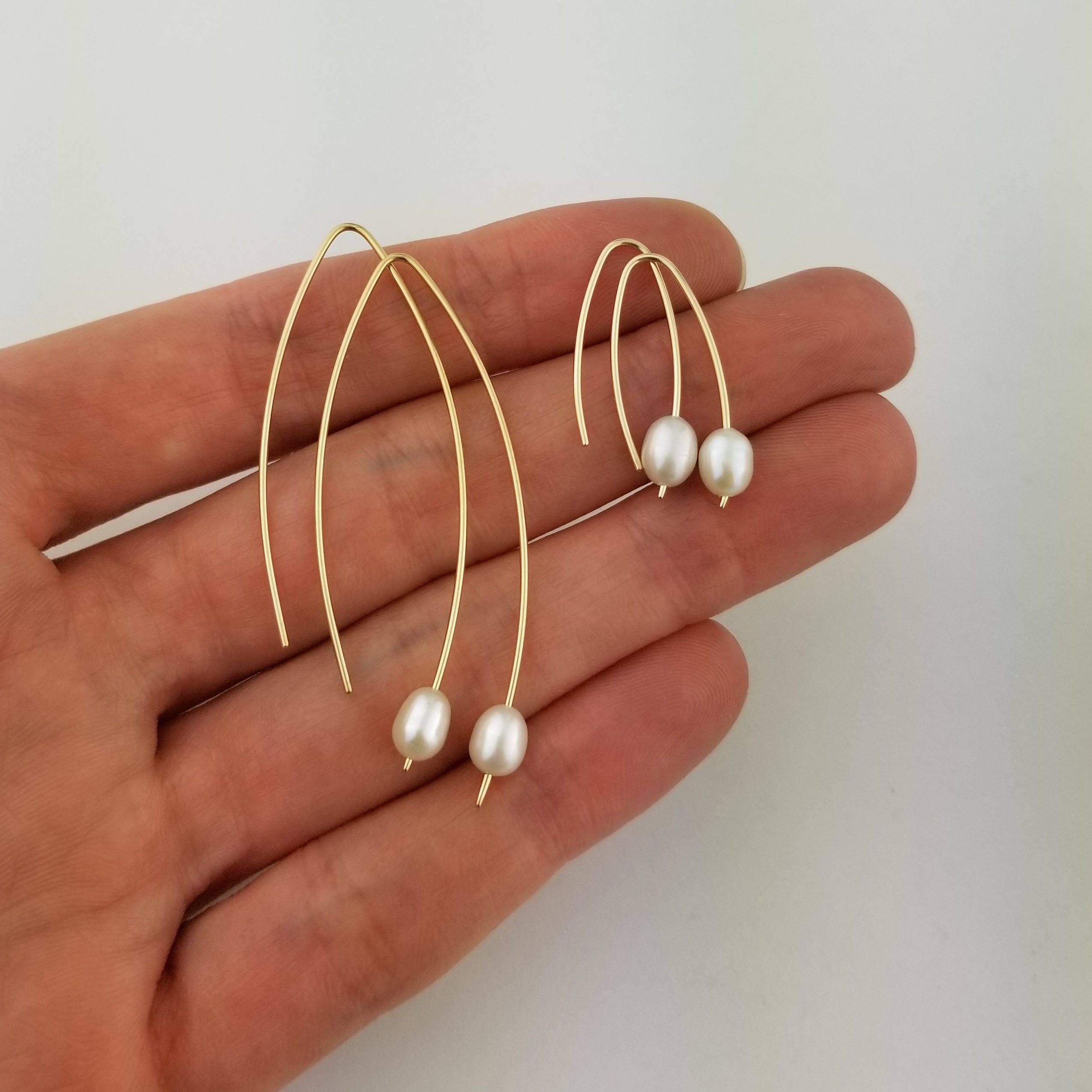 Thin 14k Solid Rose Gold Open Hoop Threader Freshwater Pearl - Etsy