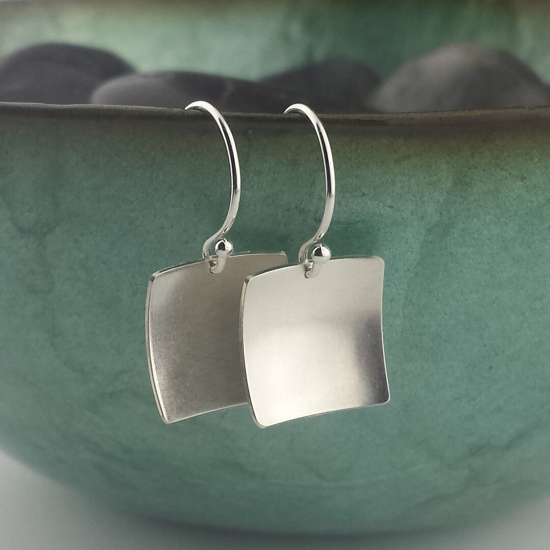 Square Silver Earrings, Sterling Silver Earrings, Domed Square, Small ...