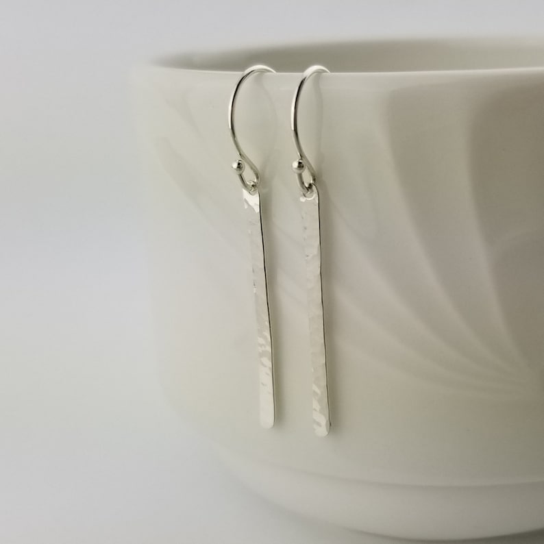 Silver Bar Earrings Thin Hammered Vertical Bar Sterling Silver | Etsy