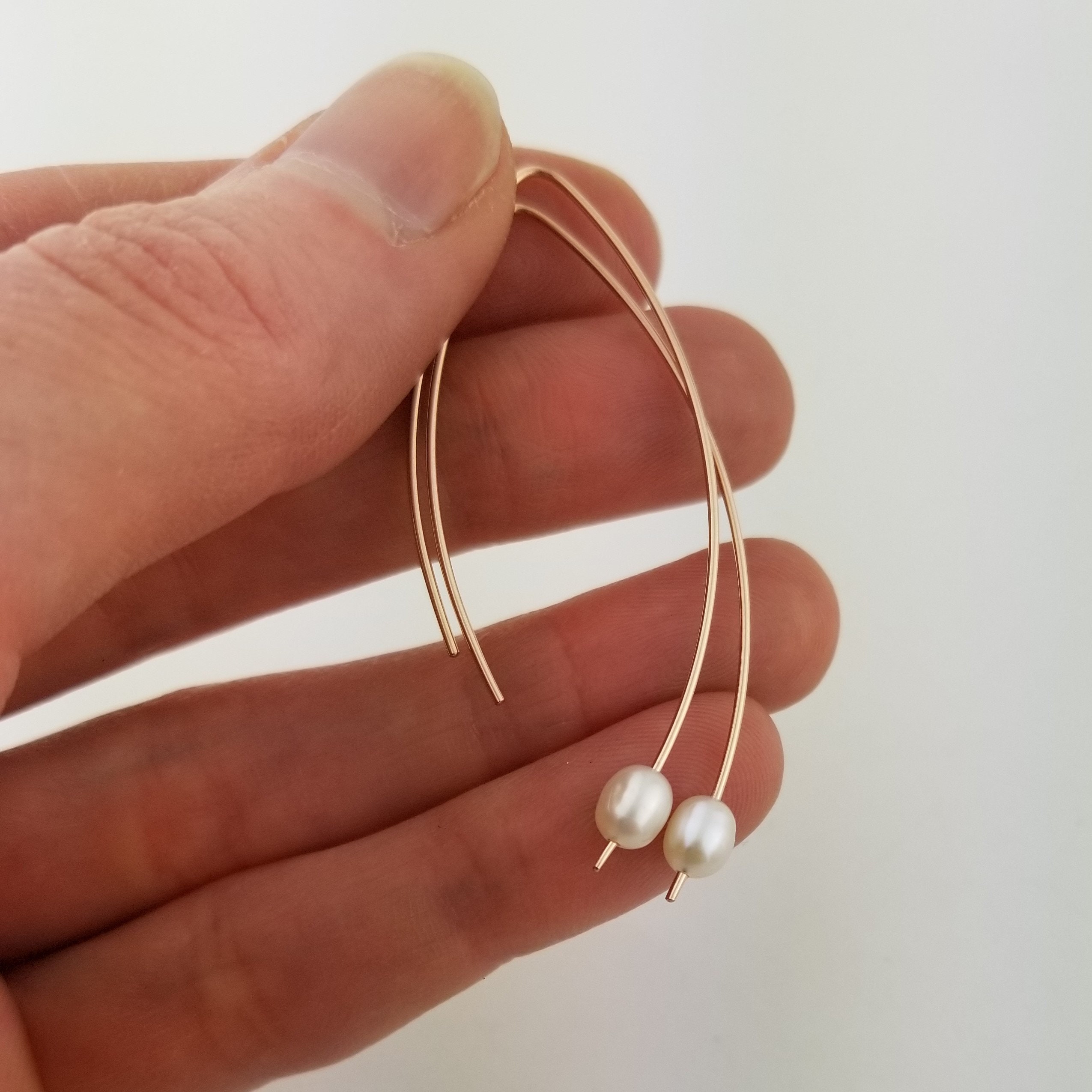 Thin 14k Solid Rose Gold Open Hoop Threader Freshwater Pearl - Etsy