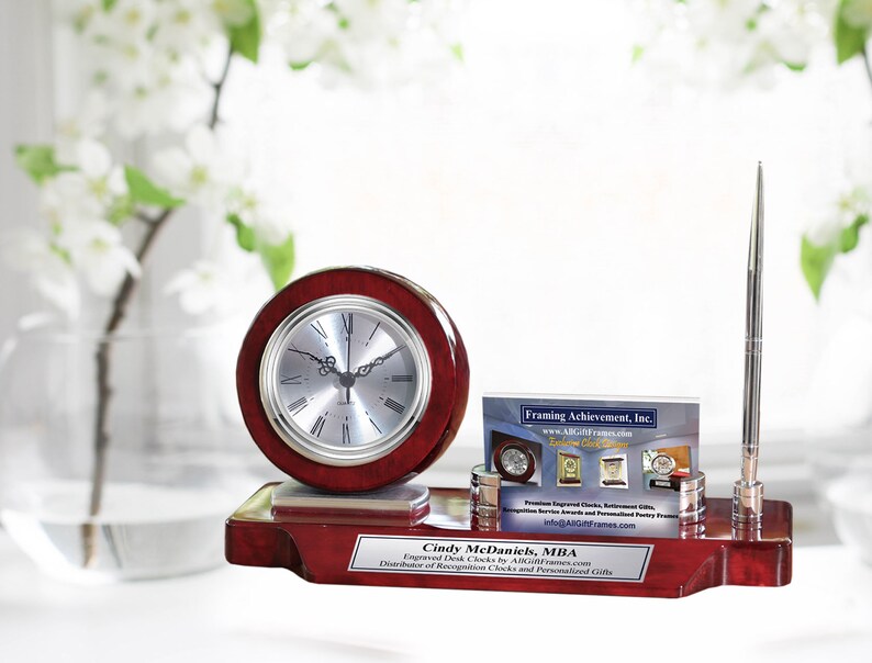 Engrave Desk Clock Business Card Holder Case Display Silver Pen Wood ...