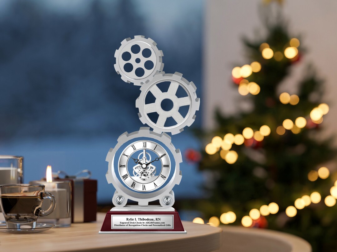 Triple Aluminium Gear Clock Engraved Trophy Personalized Engineer Gift ...