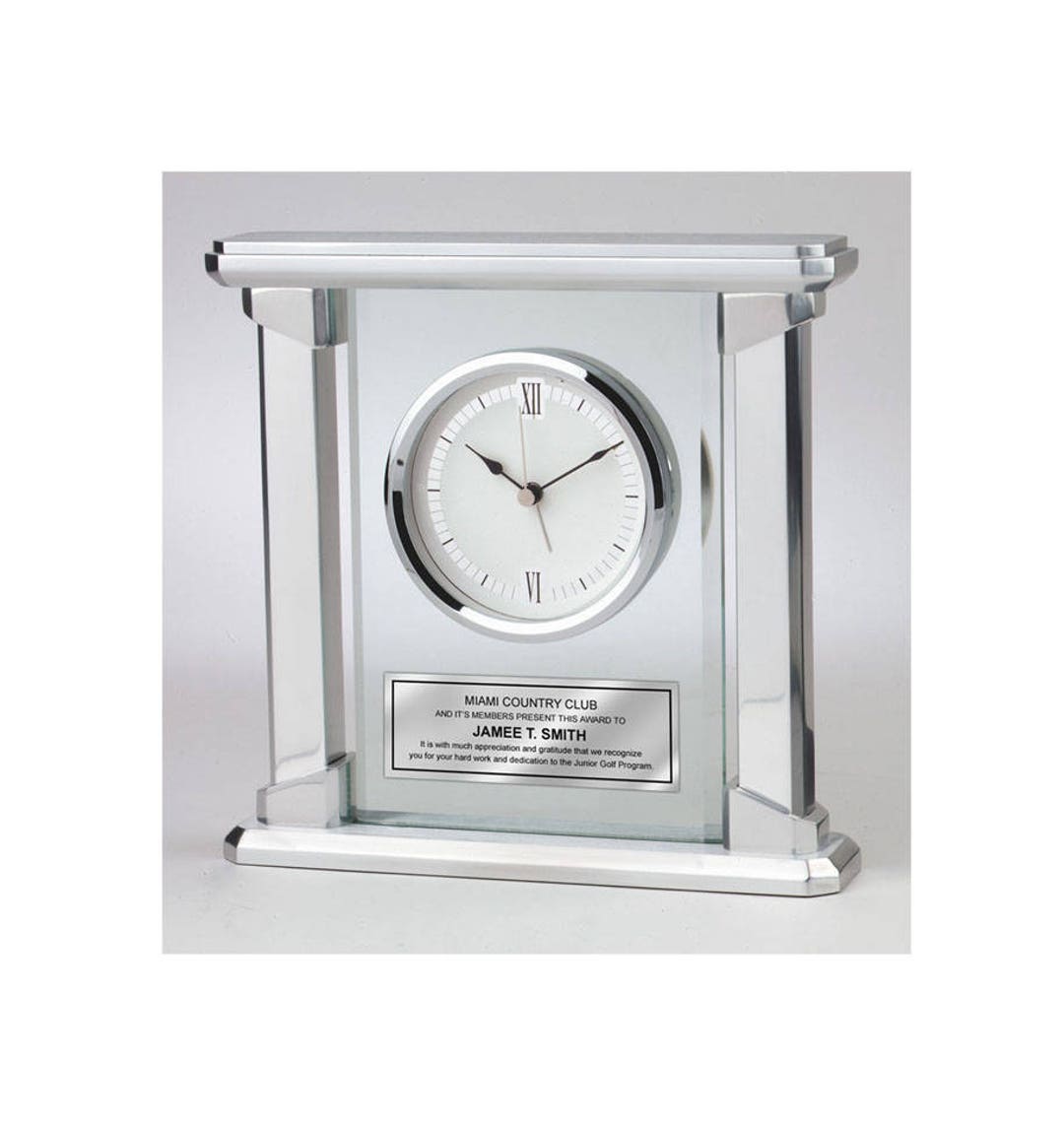 Personalized Brush Silver Desk Clock Glass Panel Concentric Platinum ...