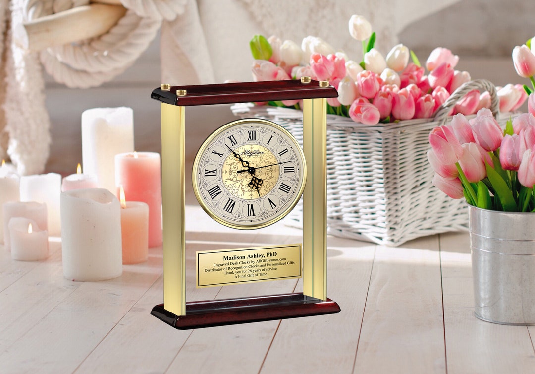 Gold Brush Accent Desk Clock Engraved Table Graduation Employee ...