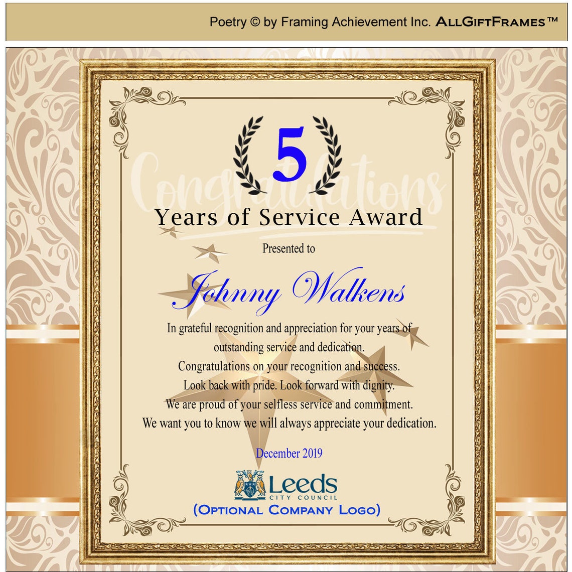 Employee Years of Service Picture Frame Award Employee of | Etsy