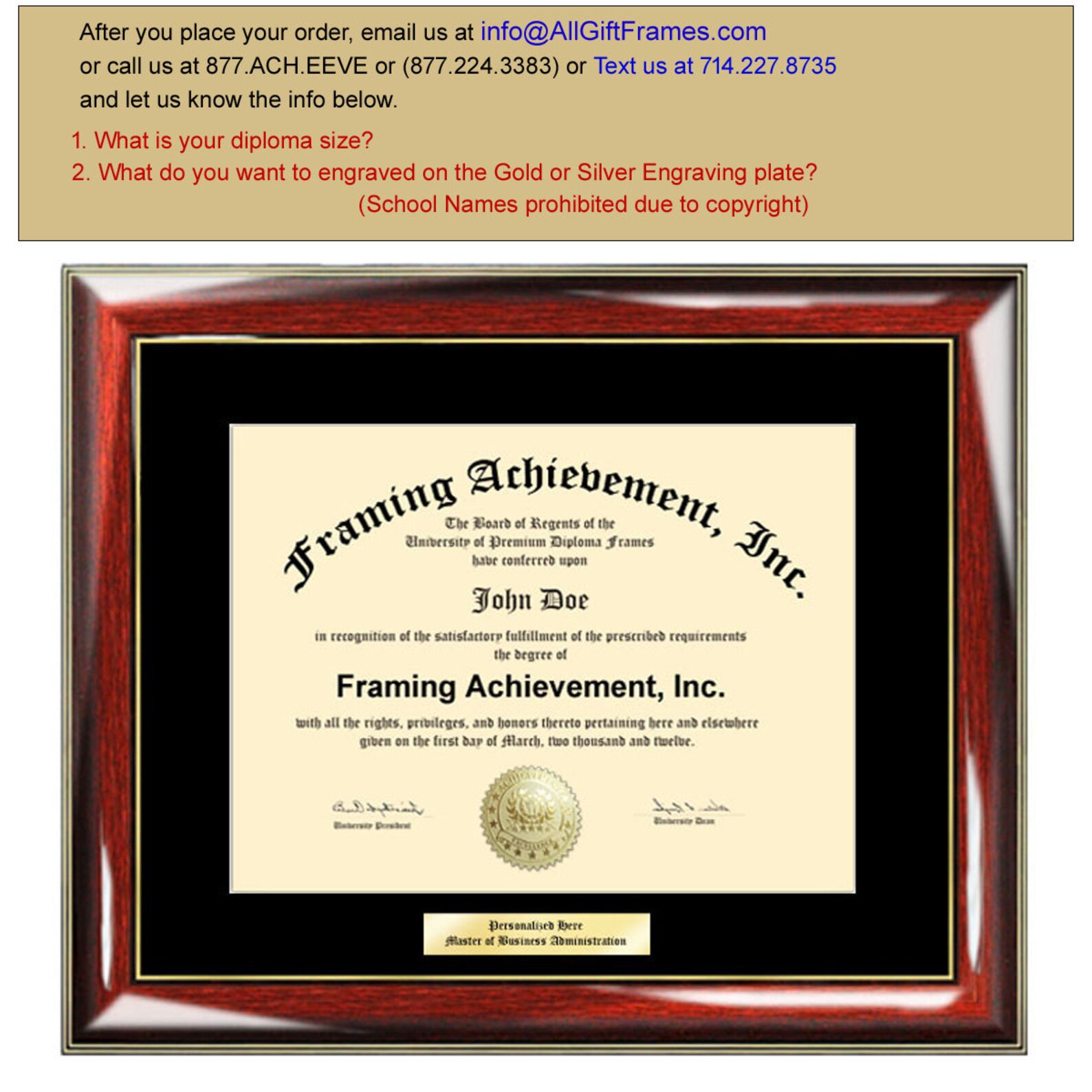 Diploma Frames With Engrave Plate Black Mat Personalized Glossy ...