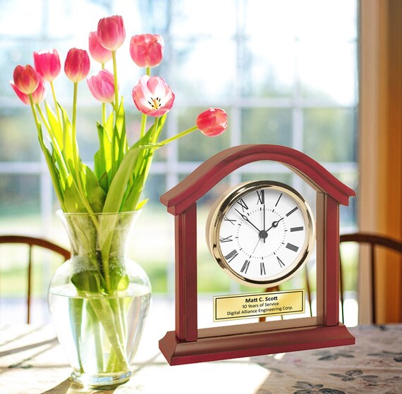 Arch Wooden Engraved Clock Gold Bezel Glass Panel Table Wood | Etsy