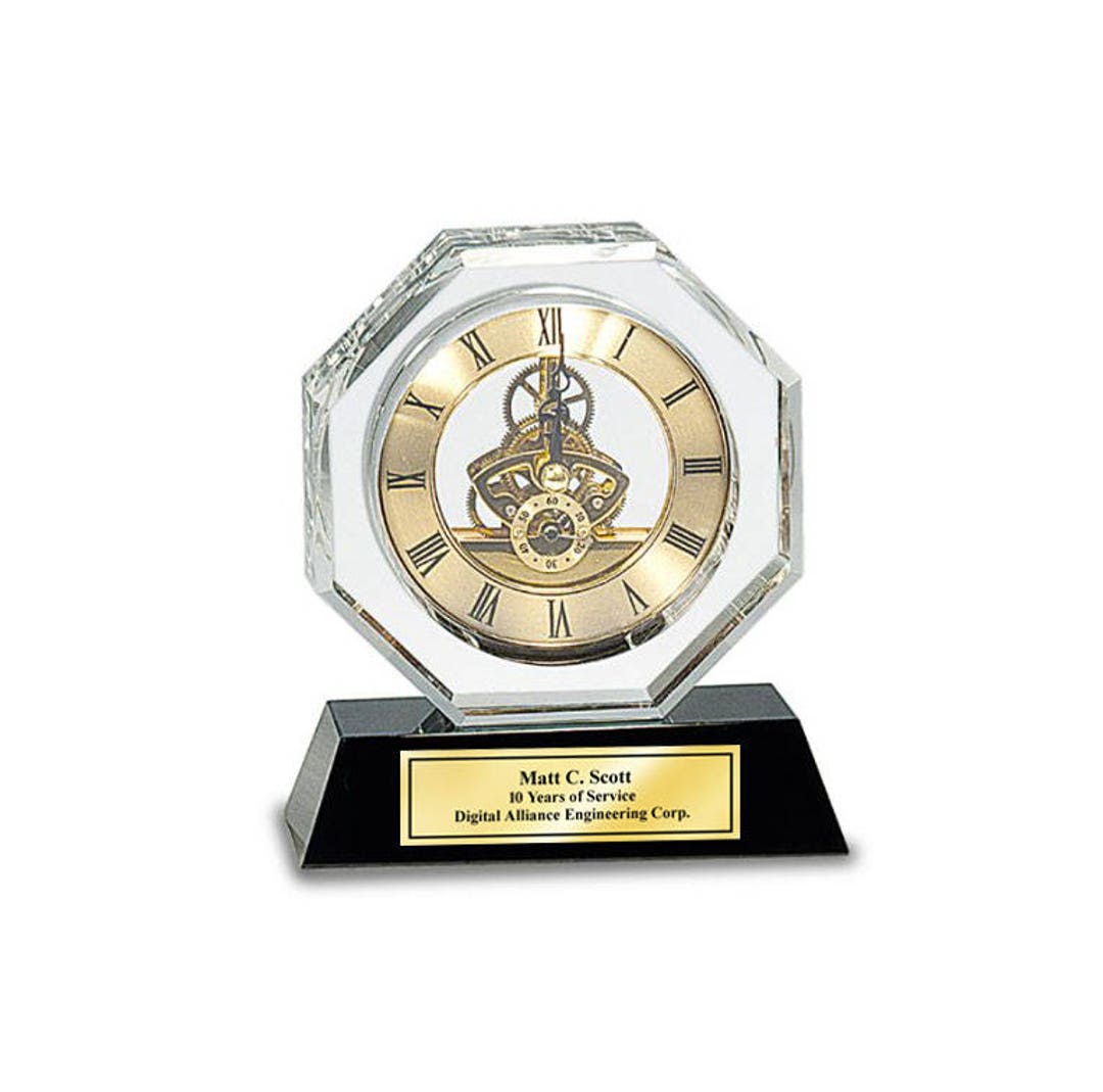 Engraved Crystal Clock Octagon Da Vinci Dial With Black Base and Gold ...