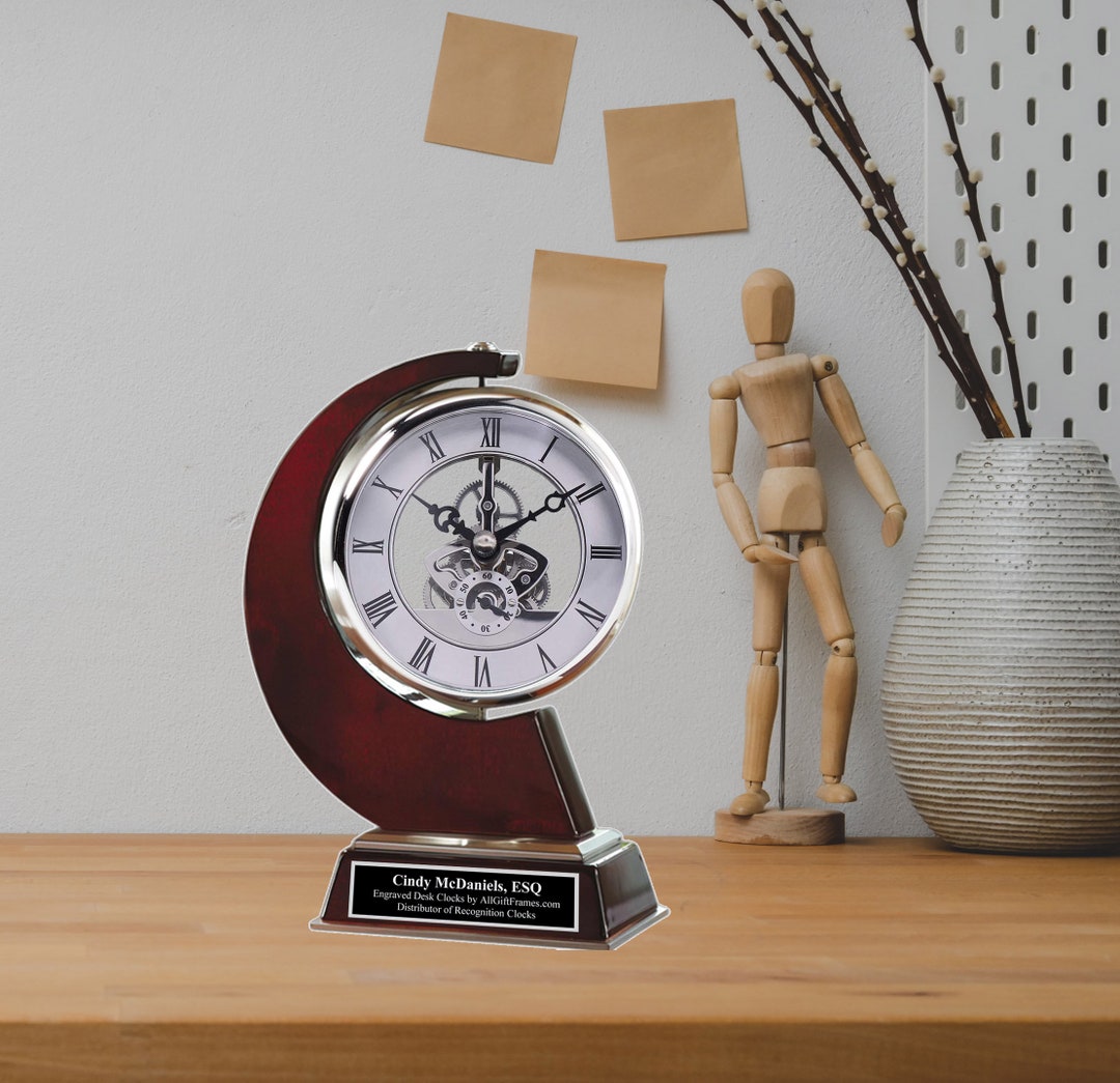 Swivel Etched Engrave Table Silver Engineering Gear Desk Clock Wood ...