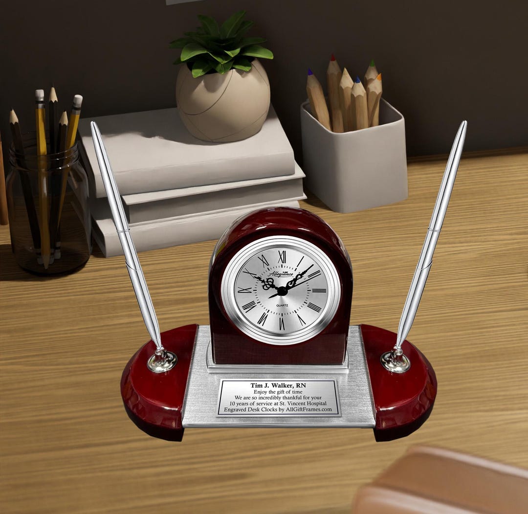 Aluminum Silver Engrave Desk Clock Double Pen Set Name Plate Display ...