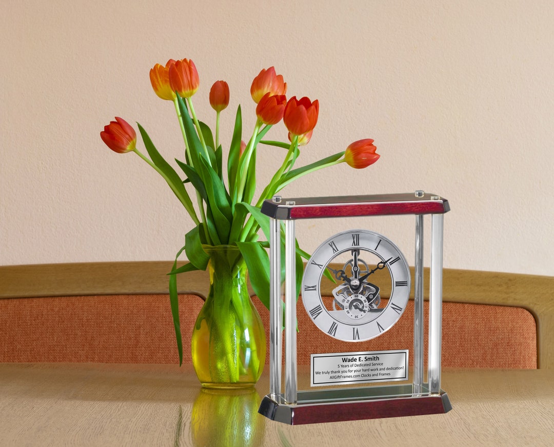 Personalized Silver Column Gear Dial Clock Encased Glass Cherry Base ...