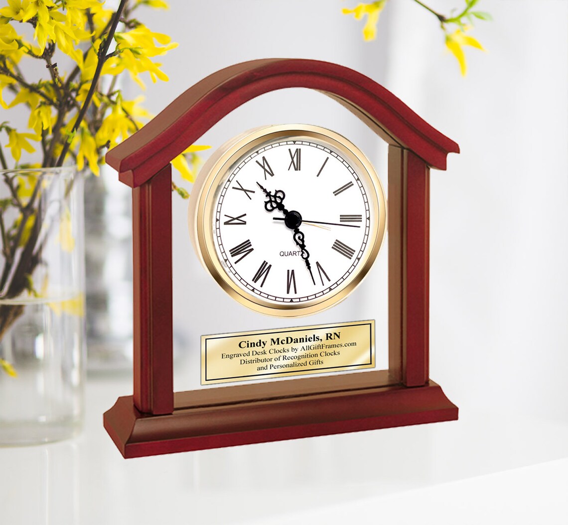 Arch Wooden Engraved Clock Gold Bezel Glass Panel Table Wood | Etsy