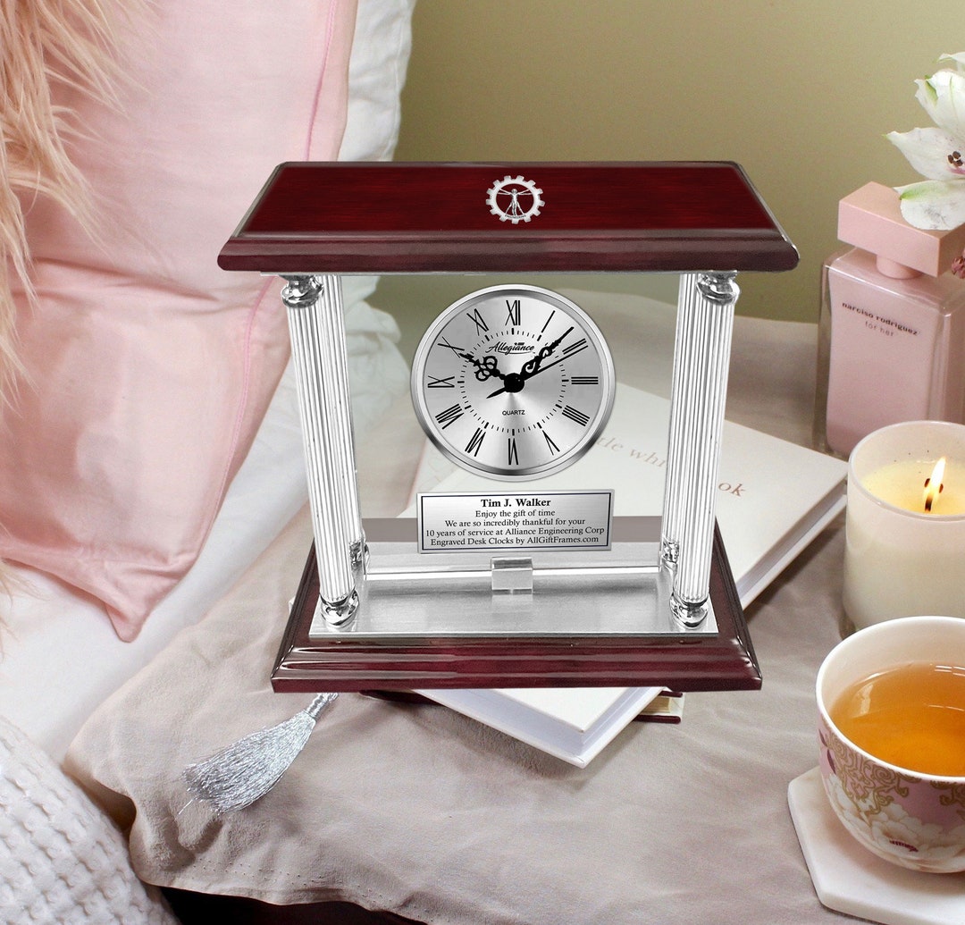 Personalized Silver Pivoting Glass Column Desk Clock Vitruvian Man ...