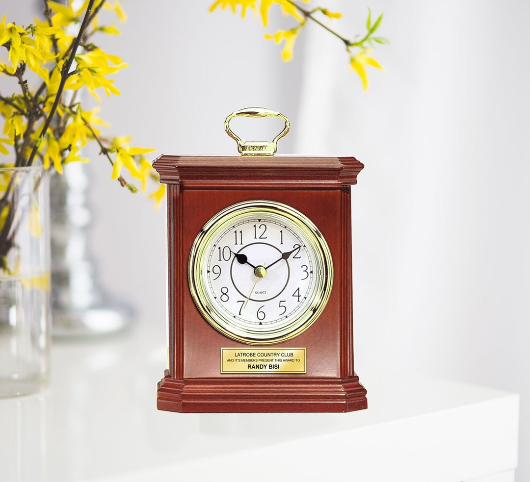 Engraved Wood Desk Clock Carriage Gold Handle With Gold Engraving Plate ...