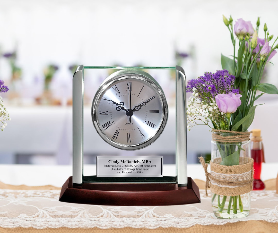 Personalized Desk Clock With Silver Post Suspended on Acrylic and ...