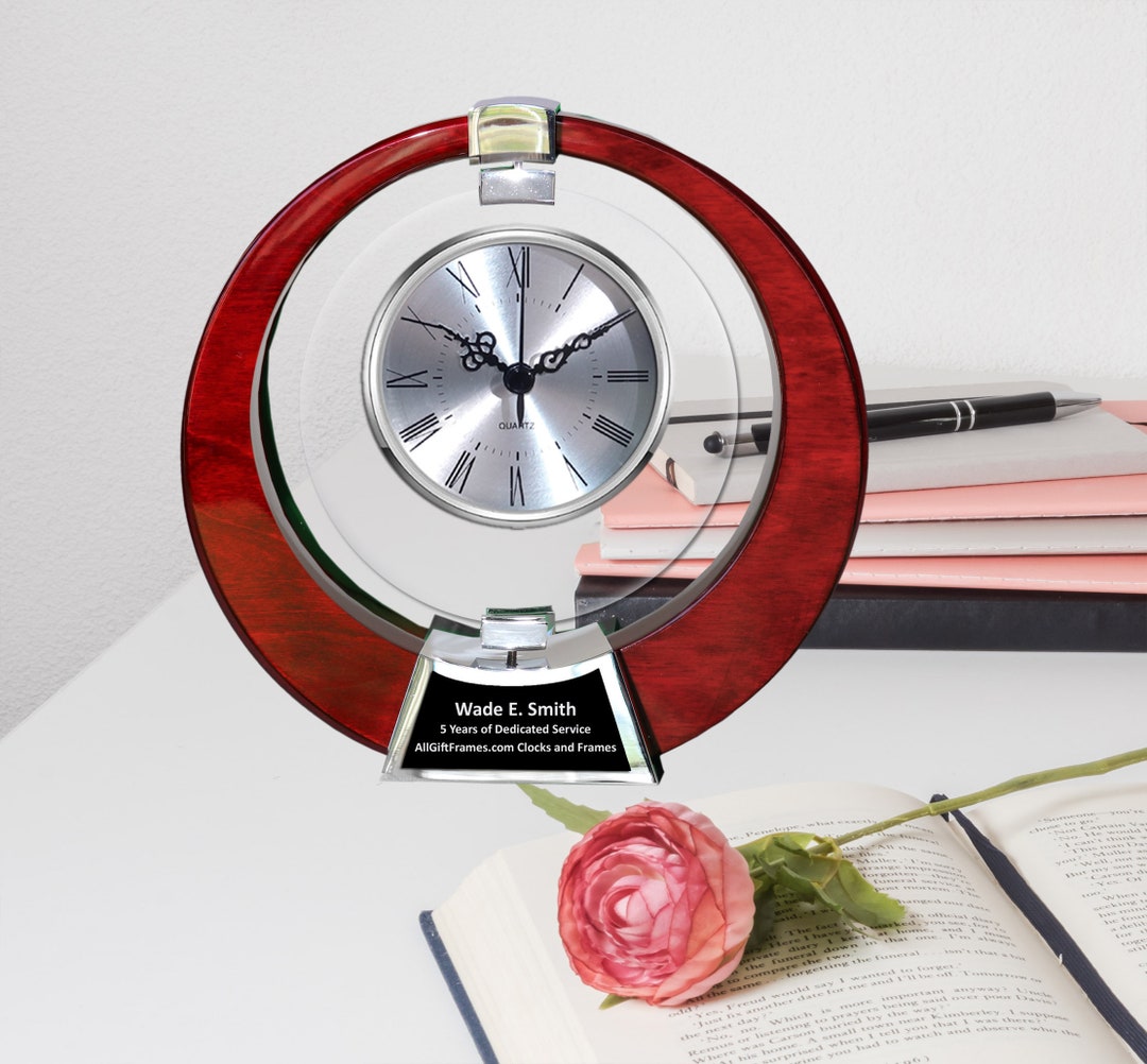 Unique Spinning Desk Clock Rotating 360 Degree Glass Wood Metal Desktop ...