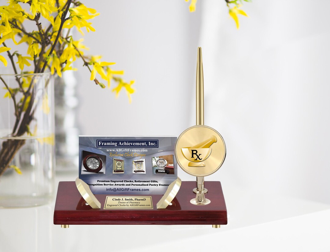 Pharmacist Desk Business Card Holder Gold Pen Rx Pharmacy Logo Name ...