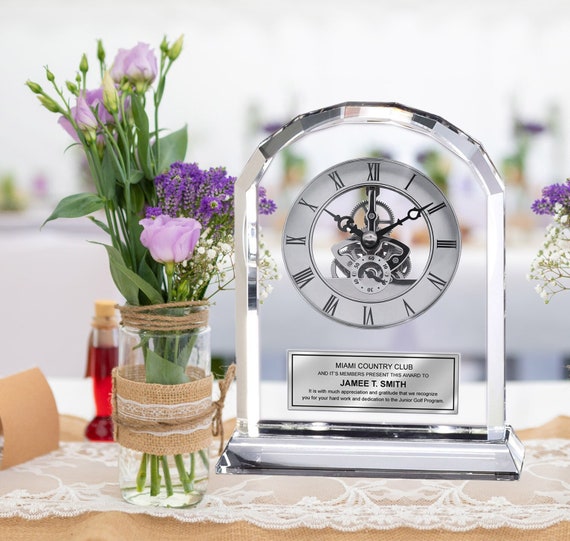 Diamond Cut Arch Crystal Engraved Clock With Silver Engraving - Etsy