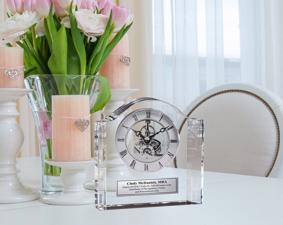 Custom Arch Crystal Engraved Clock Desk Table Mantel Engraving Plaque ...