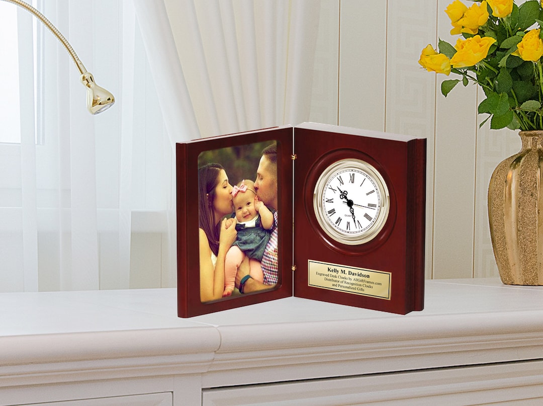 Folding Bookcase Photograph Engraved Desk Clock Personalized 4x6 Photo ...