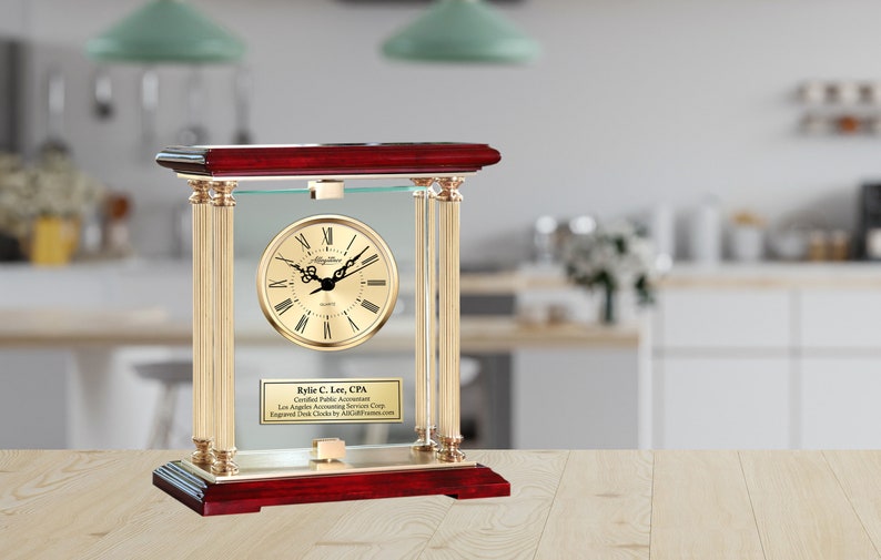 Gold Engraved Desk Clock Anniversary Wedding Mantel Swivel Glass Table ...