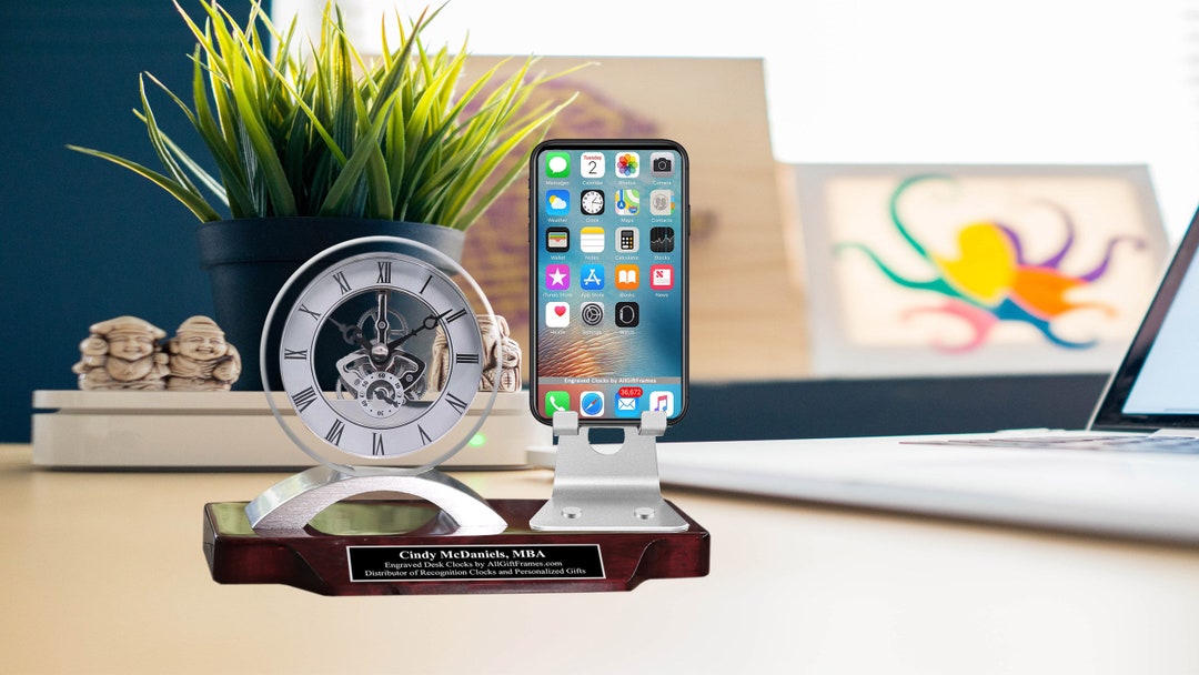 Etched Nameplate Custom Black Engraved Clock Cell Phone Stand Display ...