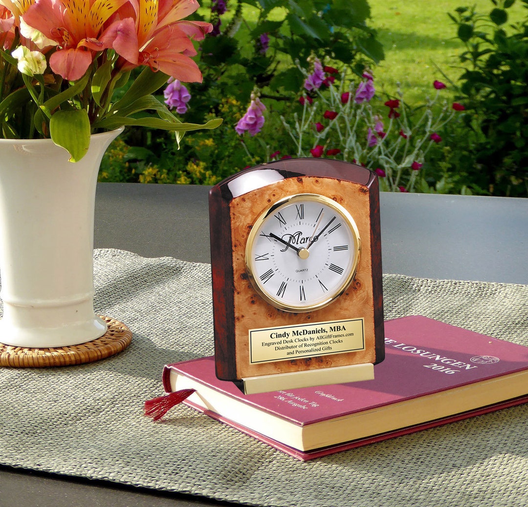 Engrave Veneer Gold Desk Clocks Service Award Engravable Anniversary ...