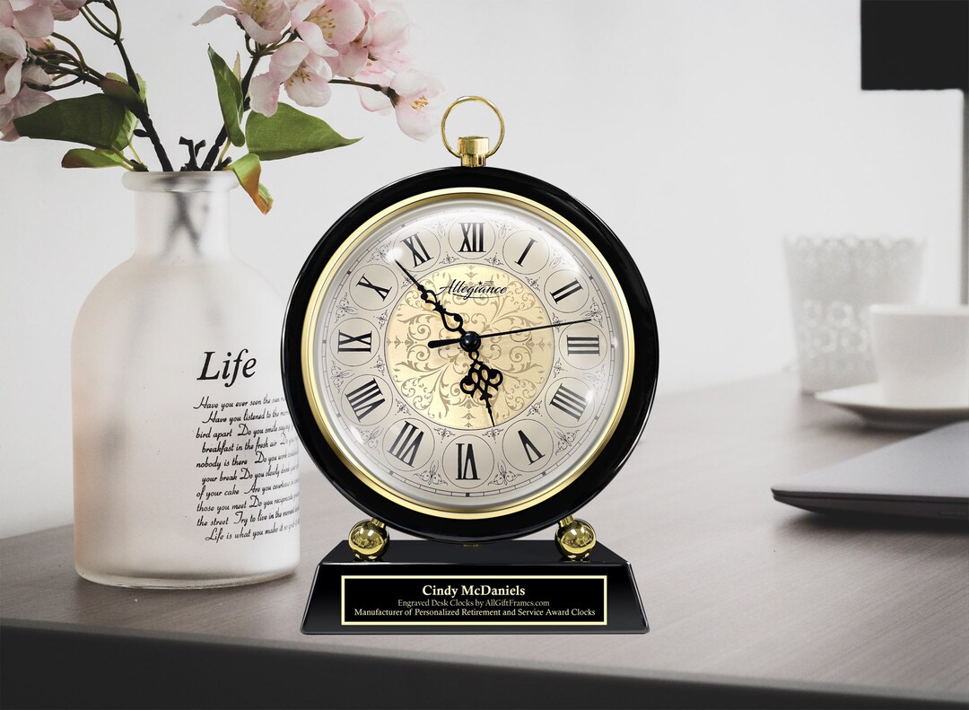 Large Gold Florentine Personalized Clock Gift Engrave Black Pedestal ...