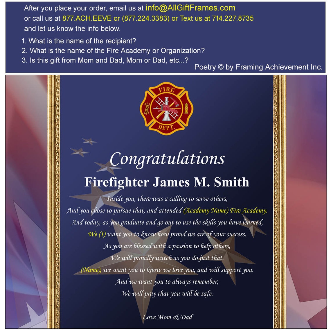 Fire Academy Congratulation Poetry Picture Frame Firefighter - Etsy UK