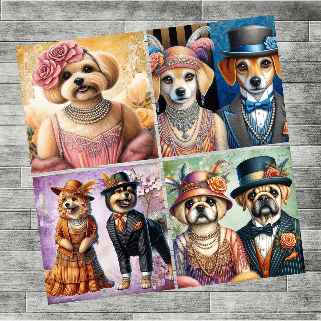 1920's Era Fancy Flapper Dogs Ceramic Coasters With Cork Bottom Size is ...