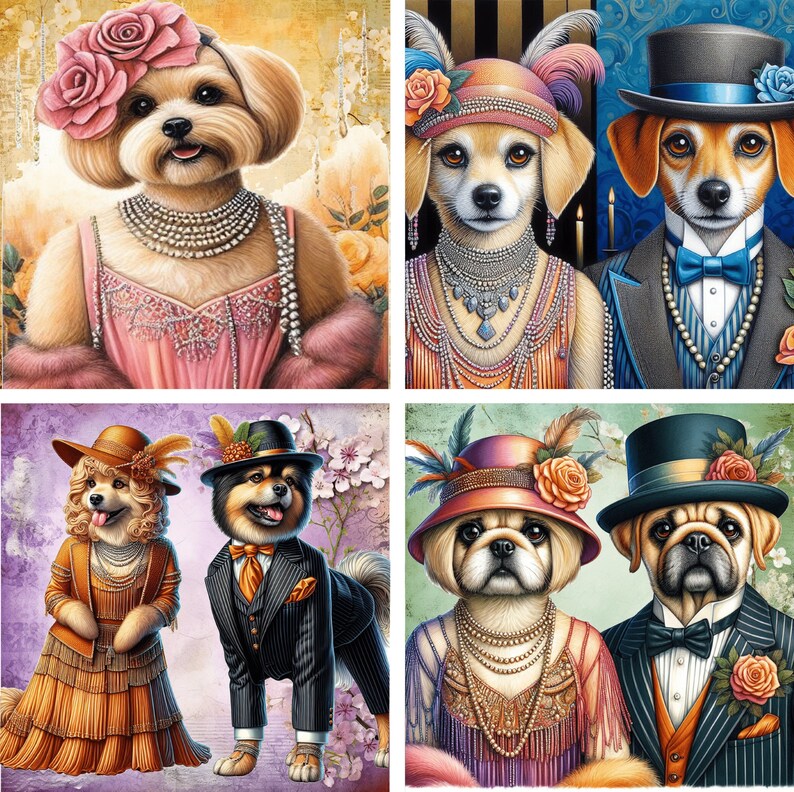 1920's Era Fancy Flapper Dogs Ceramic Coasters With Cork Bottom Size is ...