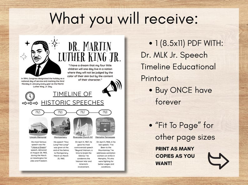 MLK Day Educational Printable, Dr Martin Luther King Jr Speech Timeline ...