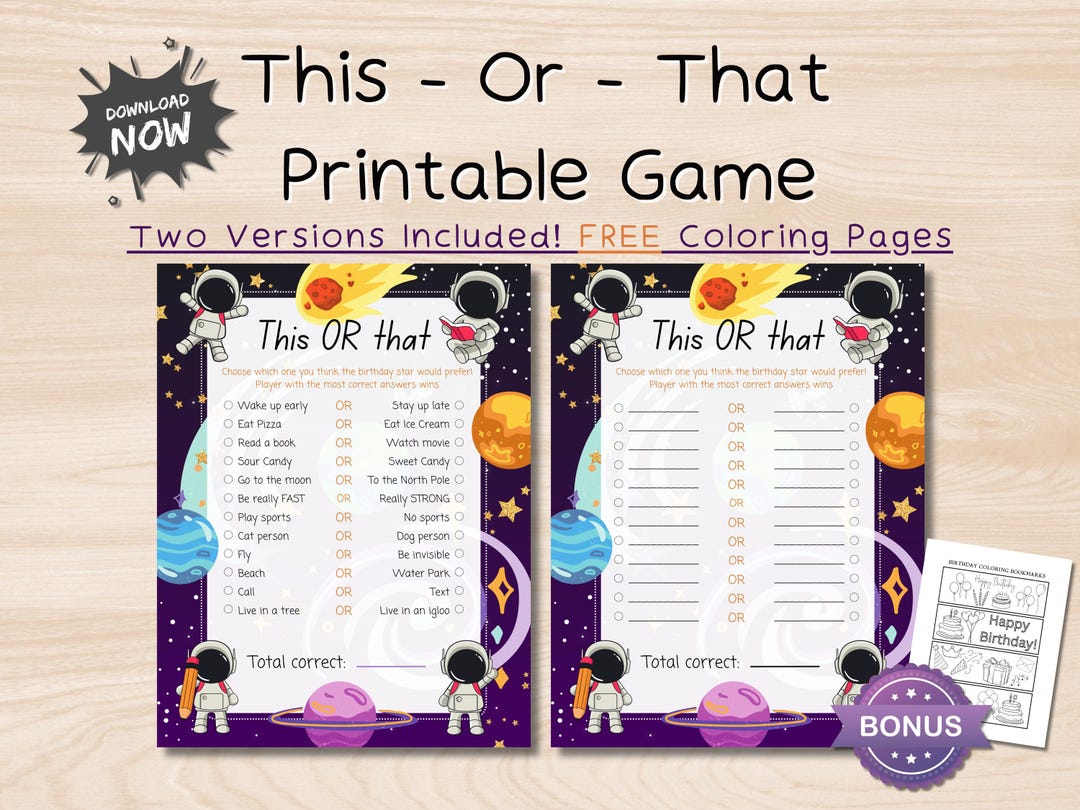 Space-themed This or That Birthday Game | Printable Party Activity for ...