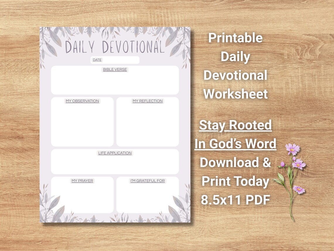 Daily Devotional Worksheet for Women & Teens, Purple Watercolor Leaves ...