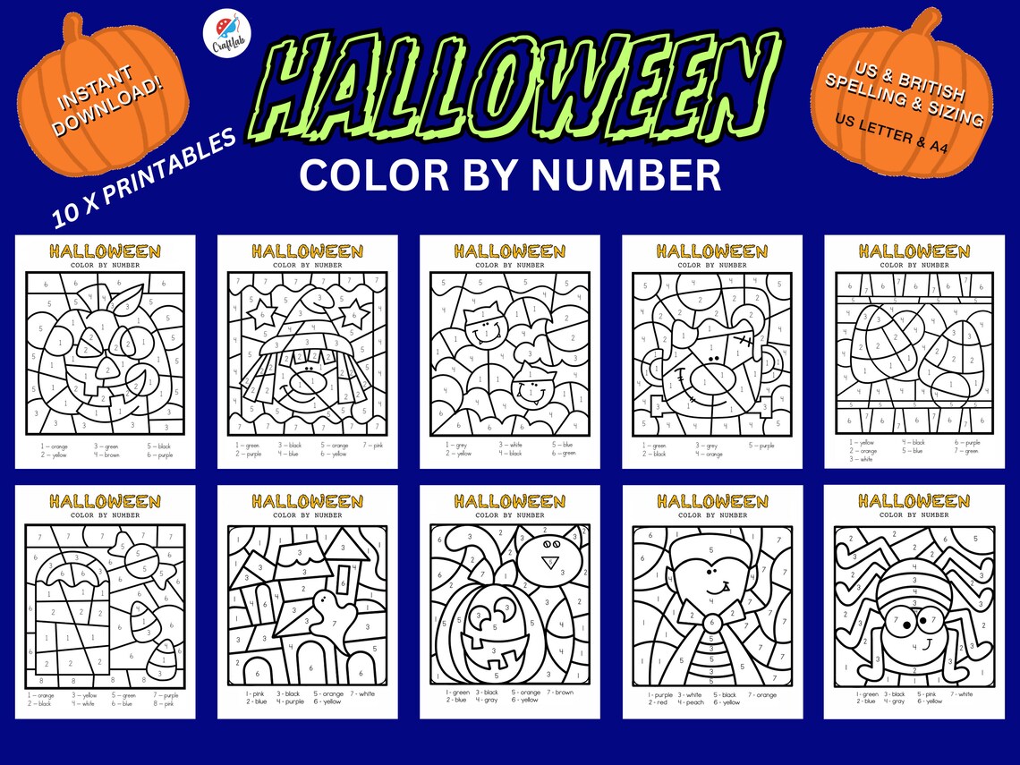 Halloween Color by Numbers Printables, Digital Download, Kids Colour by ...