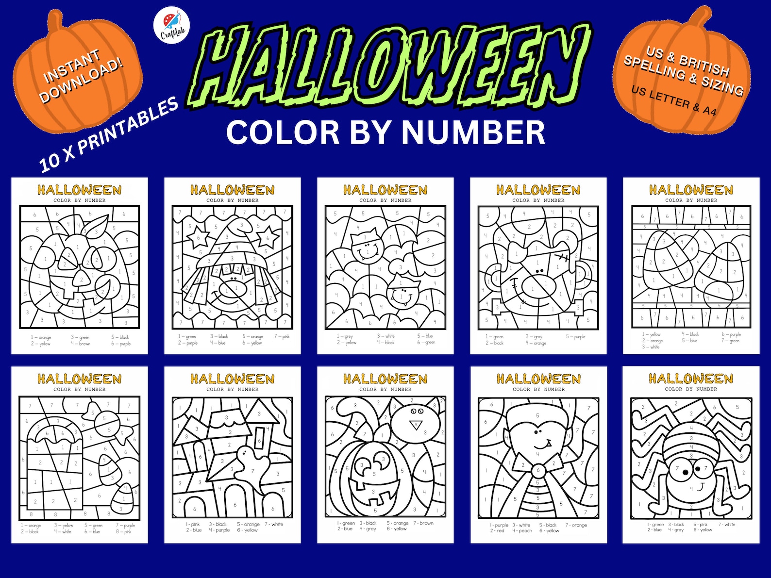 Halloween Color by Numbers Printables, Digital Download, Kids Colour by ...