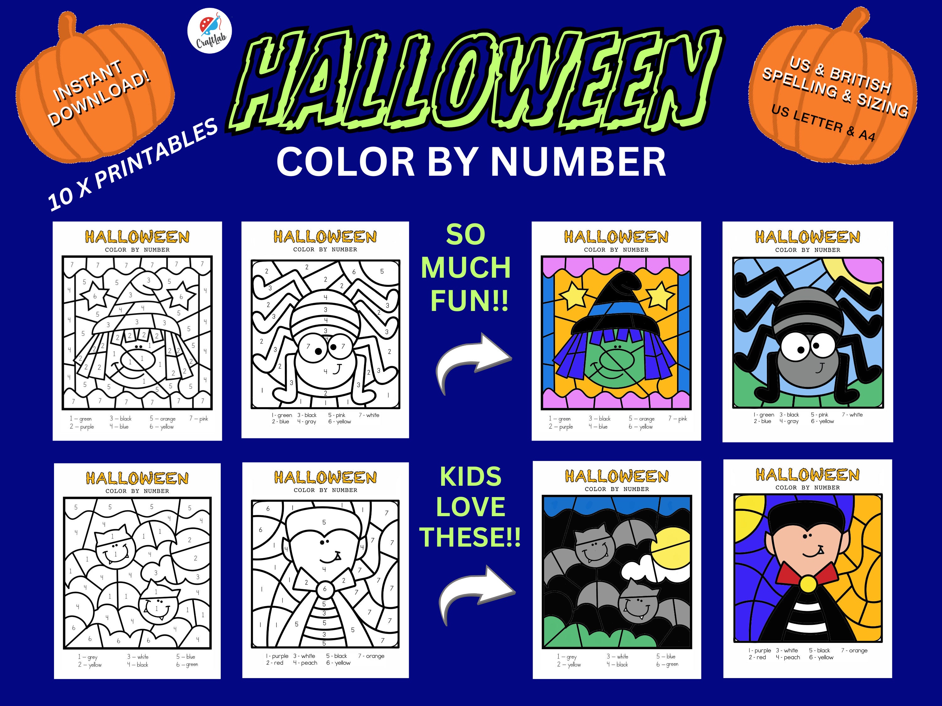 Halloween Color by Numbers Printables, Digital Download, Kids Colour by ...