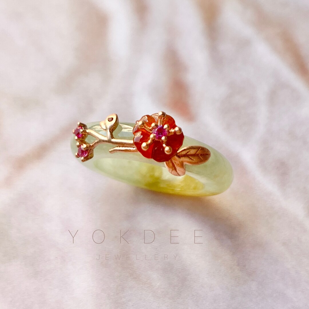 15.1mm A-grade Natural Yellow Jadeite Joseon Ring red Sakura Flower No ...