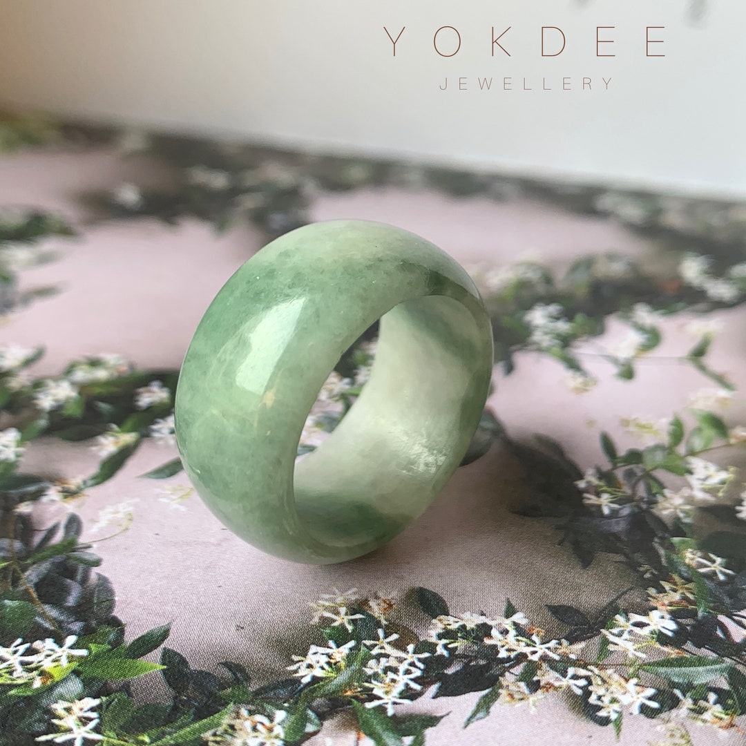 19.4mm A-grade Natural Floral Bluish Green Jadeite Abacus Ring Band No ...
