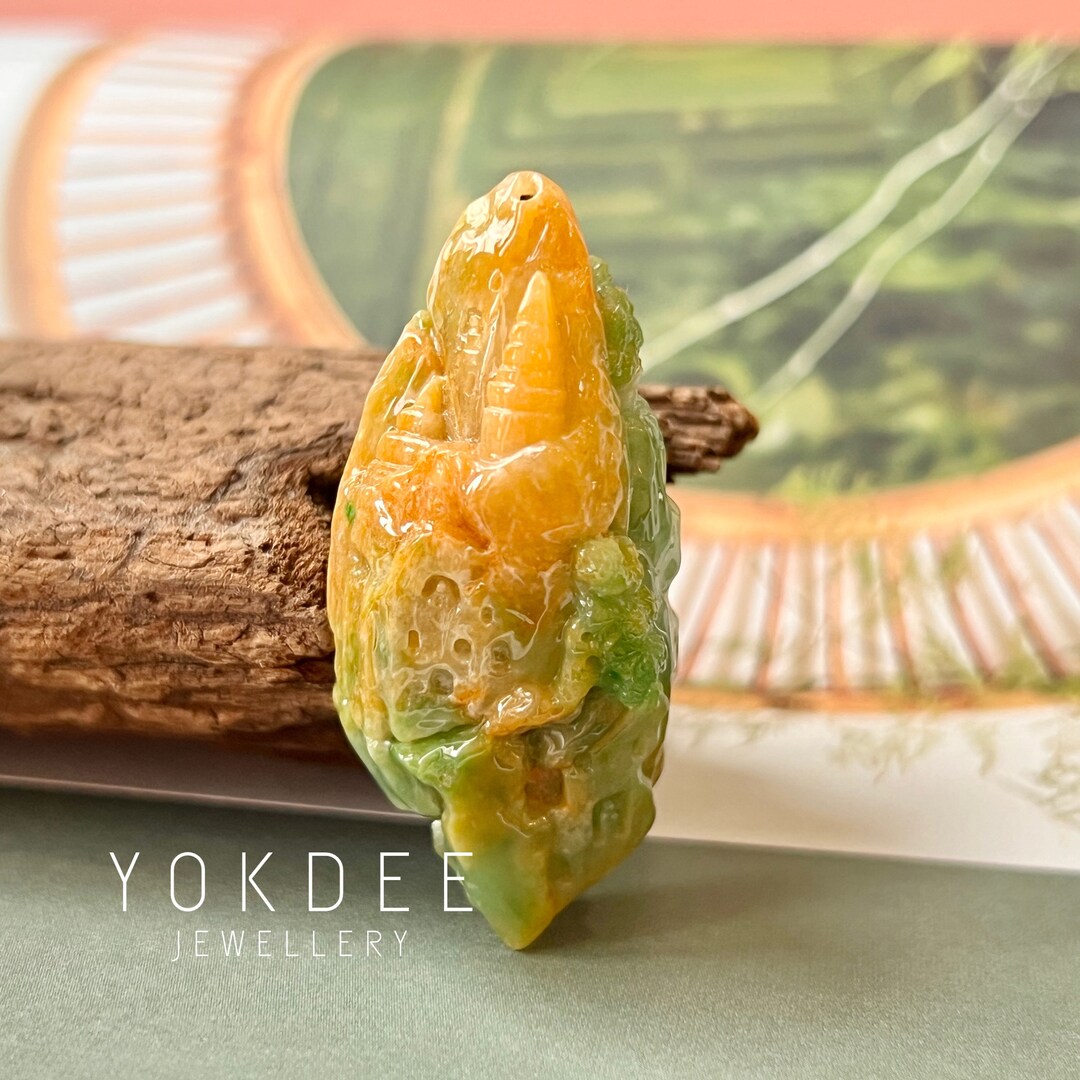 A-grade Natural Green & Yellow Jadeite Ancient Ruins Pendant/ Display ...