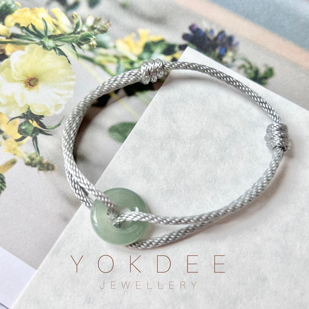 A-grade Natural Bluish Green Jadeite Bagel on Infinity Silk Cord ...
