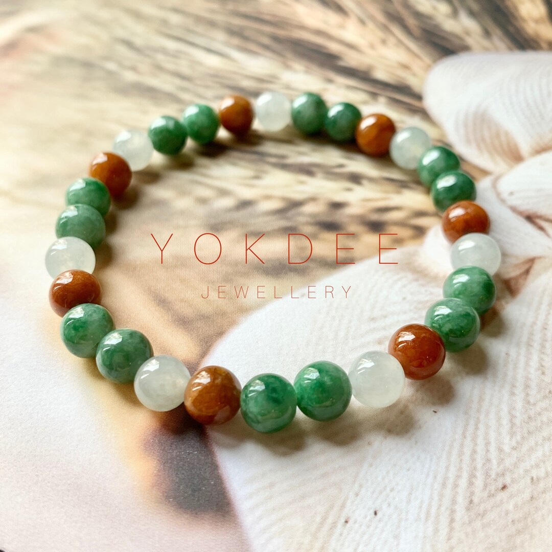 7.4mm A-grade Natural Tri-colour Jadeite Beaded Bracelet No.190347 ...