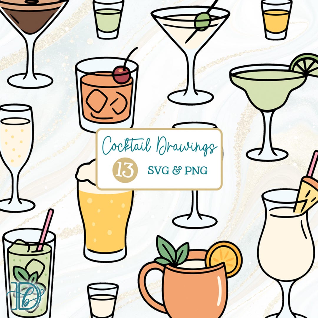 Cocktail Drawings SVG + PNG Bundle, Cartoon Line Art Designs With ...