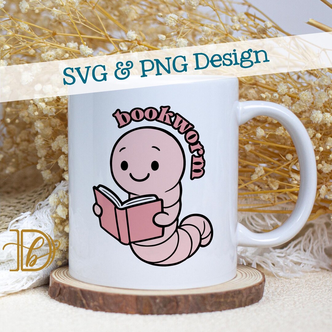 Bookworm Clipart SVG + PNG, Book Lover Pink Cartoon Worm Design ...