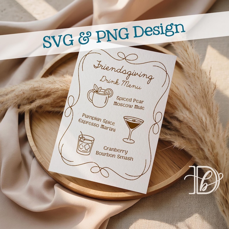Friendsgiving Cocktail Menu SVG + PNG, Cartoon Line Art Design (digital ...
