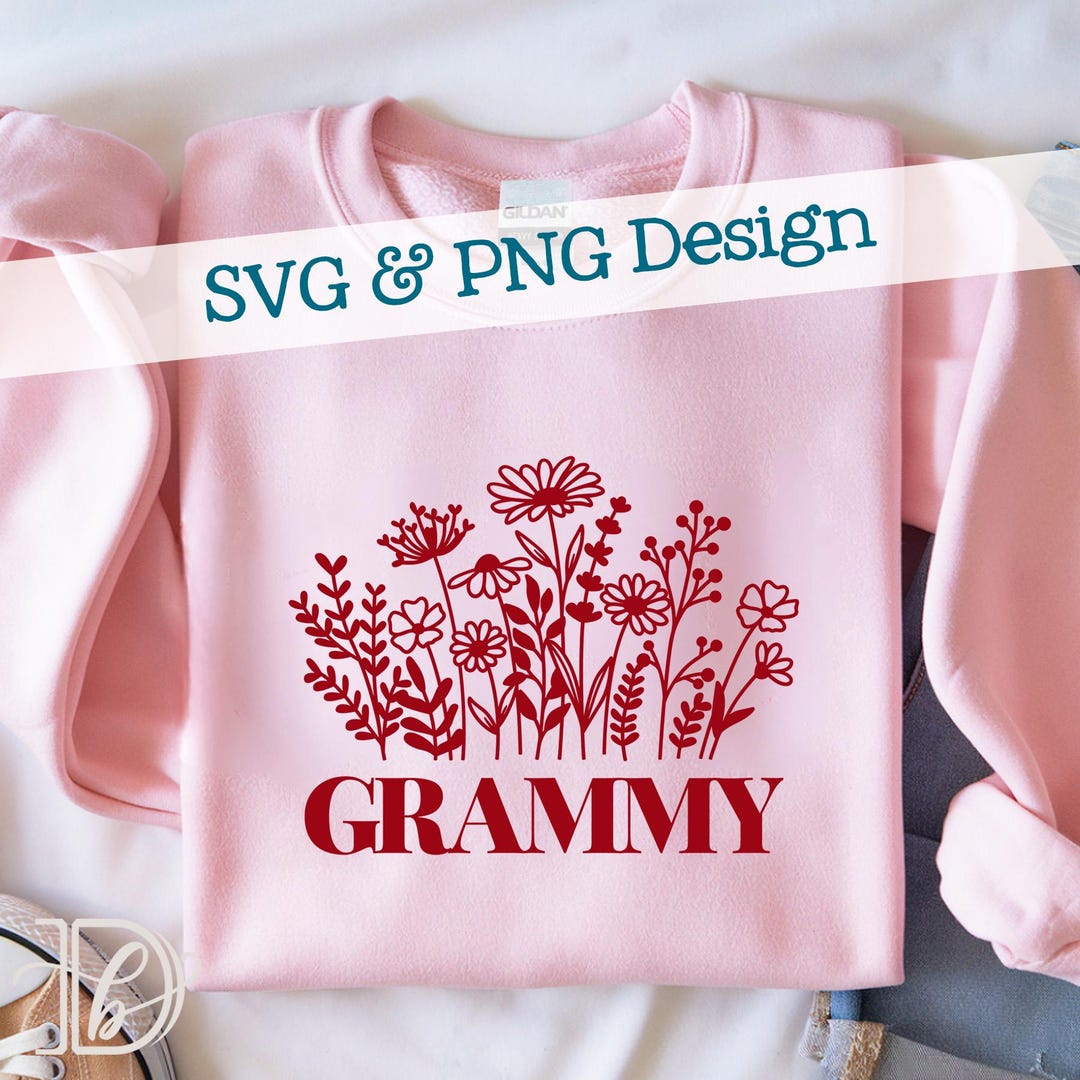 Floral Grammy SVG + PNG, Wildflower Heat Transfer Line Art Cut File ...