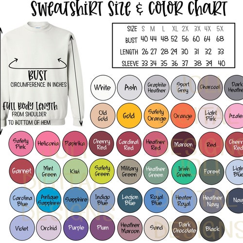 Gildan Sweatshirt Color and Size Chart Digital Download File - Etsy