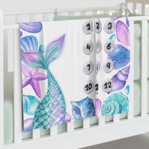 Personalized Baby Milestone Mermaid Blanket- Purple and Blue Seashells ...